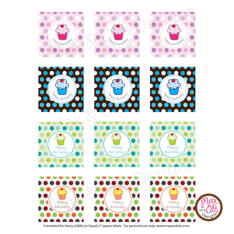 Printable 2" Tags & Labels - Happy Birthday Cupcake – Max & Otis Designs