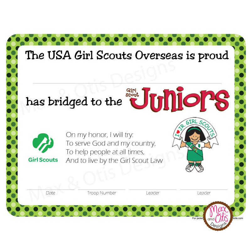 Girl Scout Junior Printable Bridging Certificate Overseas (editable PD ...