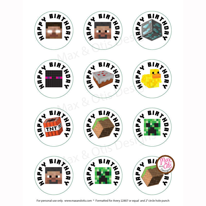 Printable 2" Tags & Labels - Minecraft Happy Birthday – Max & Otis Designs