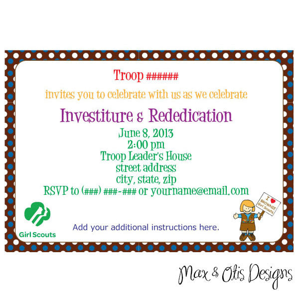 Girl Scout Brownie Editable Invitation (editable PDF) – Max & Otis Designs