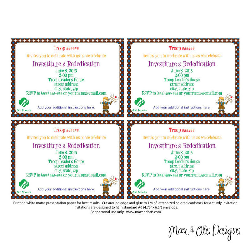 Girl Scout Brownie Editable Invitation (editable PDF) – Max & Otis Designs